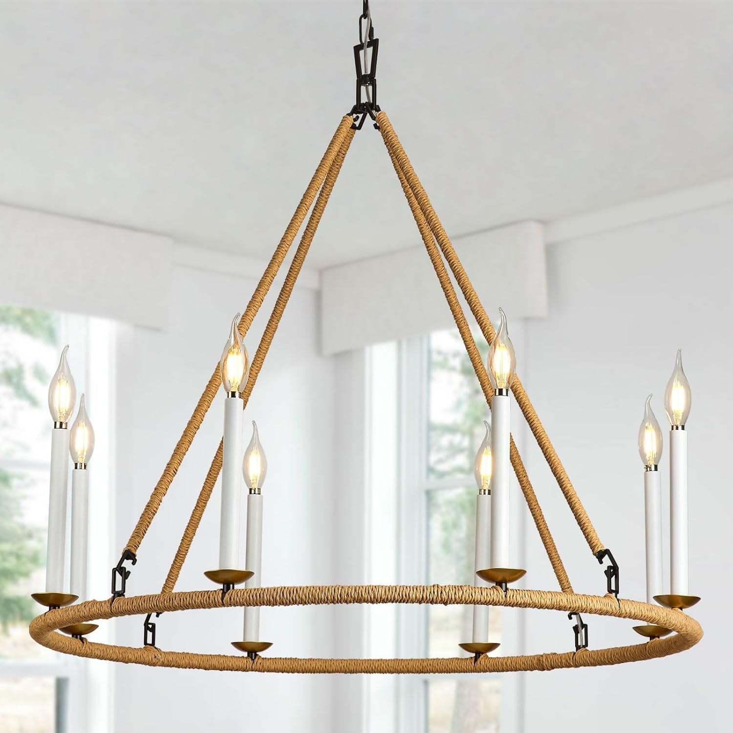 Rattan Wagon Wheel Chandelier, 35" Boho Chandelier Light Fixture, Hand ...