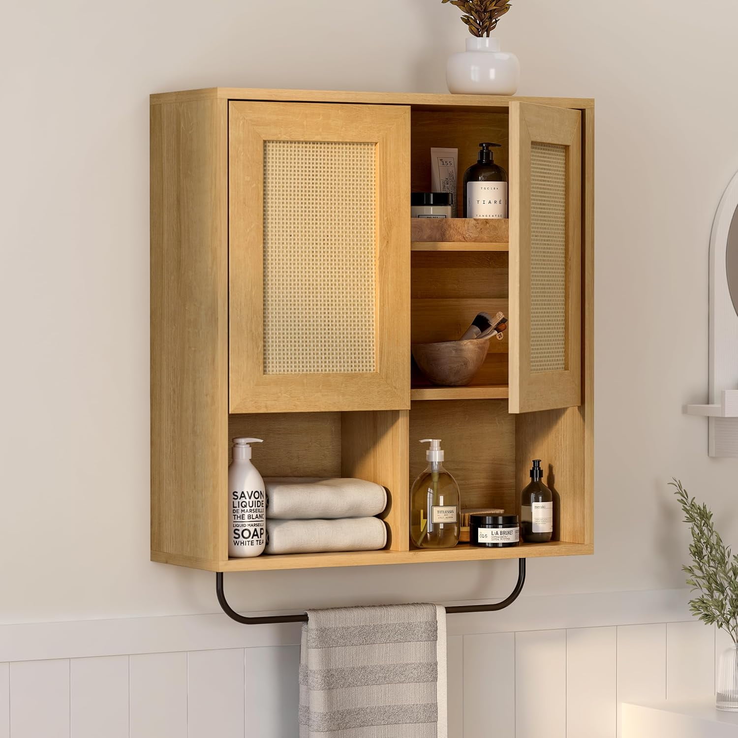 Rattan Wall Cabinet with Hanging Rod, Modern Medicine Storage Cabinet ...