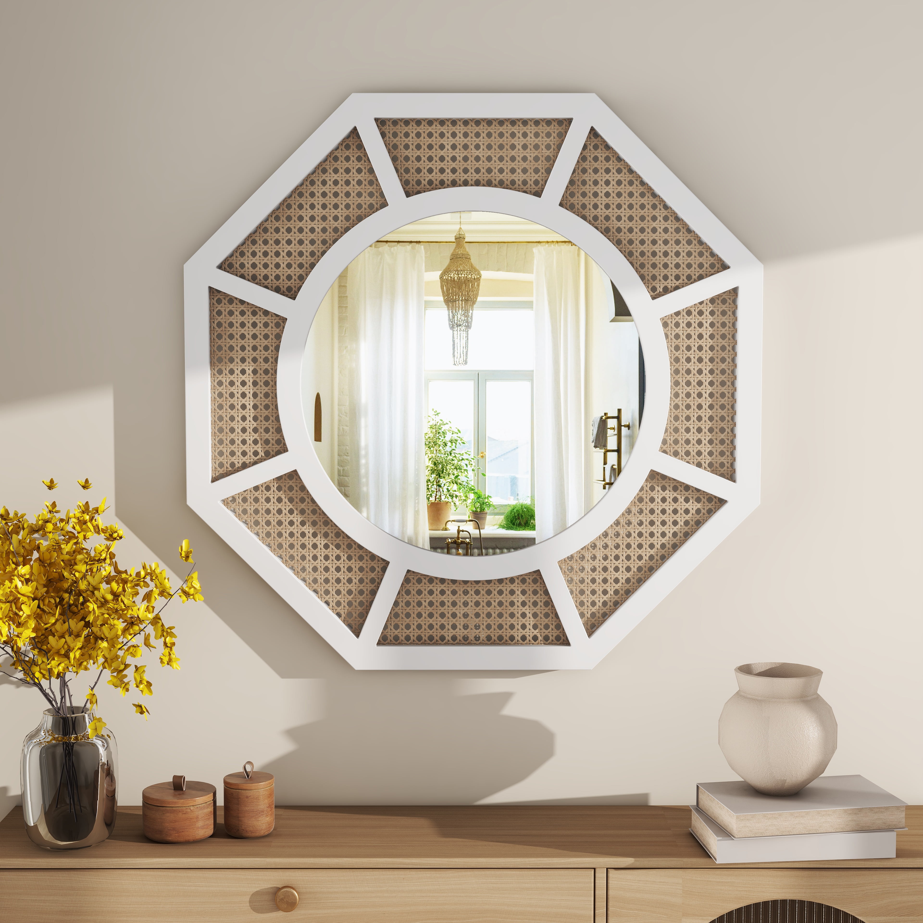 Handmade Boho Rattan Wall Mirror with Rustic Wooden Frame for Living ...