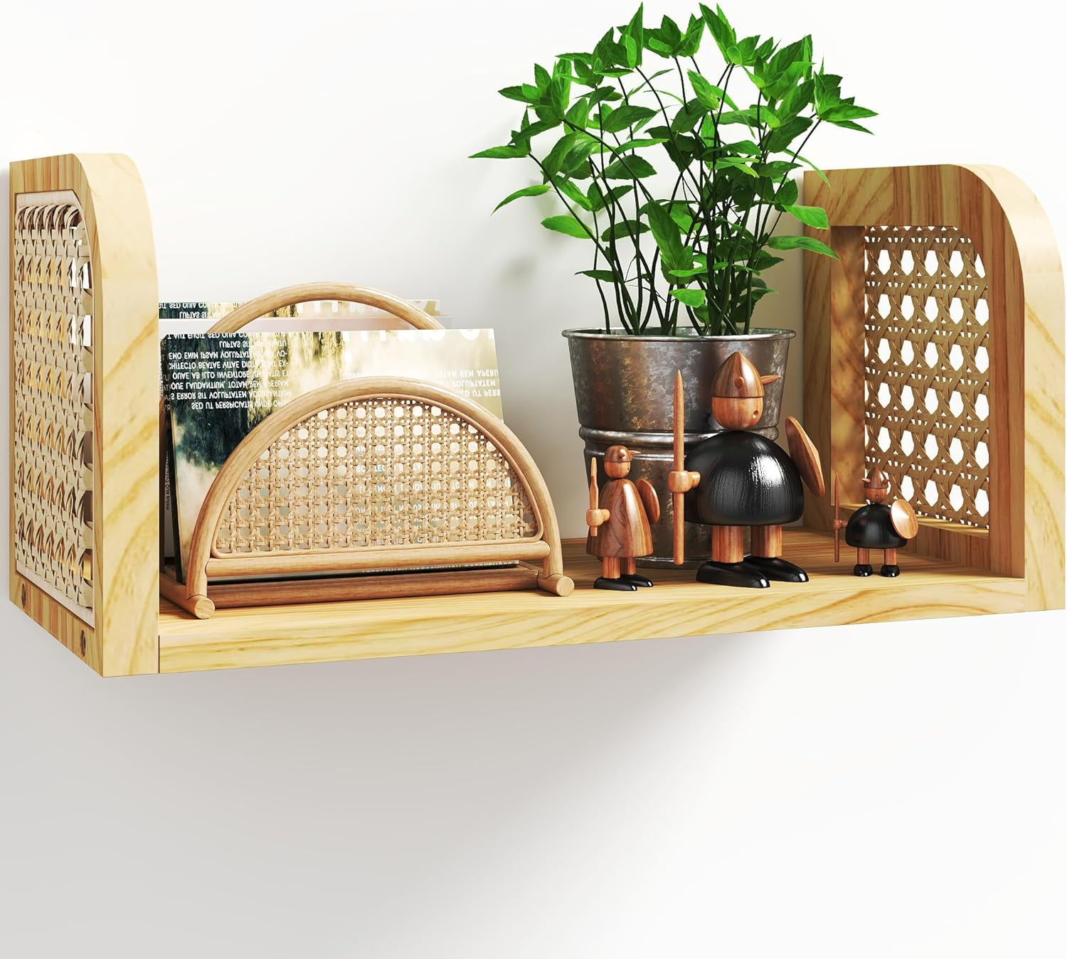 Rattan Wall Shelf, 8 Inch Deep Wooden Hanging Bookshelf, Natural Cute ...