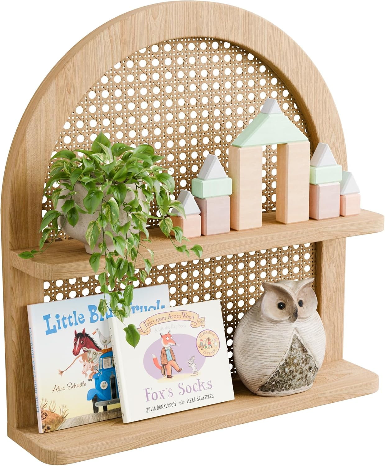 Rattan Wall Shelf Boho Nursery Decor, 2-Tier Arched Woven Natural Wood ...