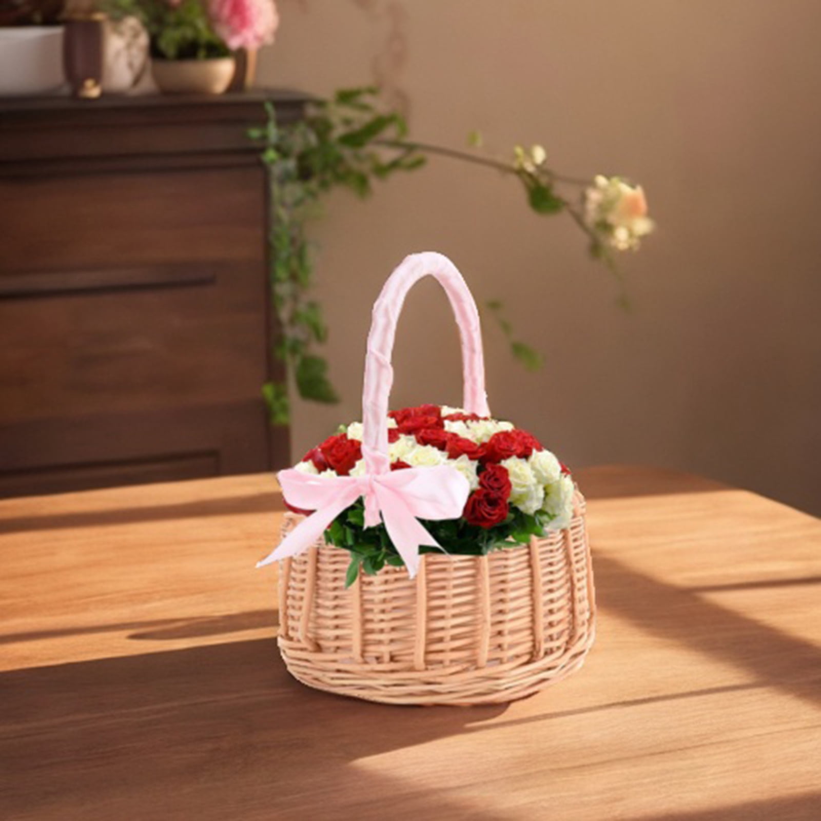 Rattan Wedding Basket with Ribbon Wrapped Handle Handwoven Picnic Party ...