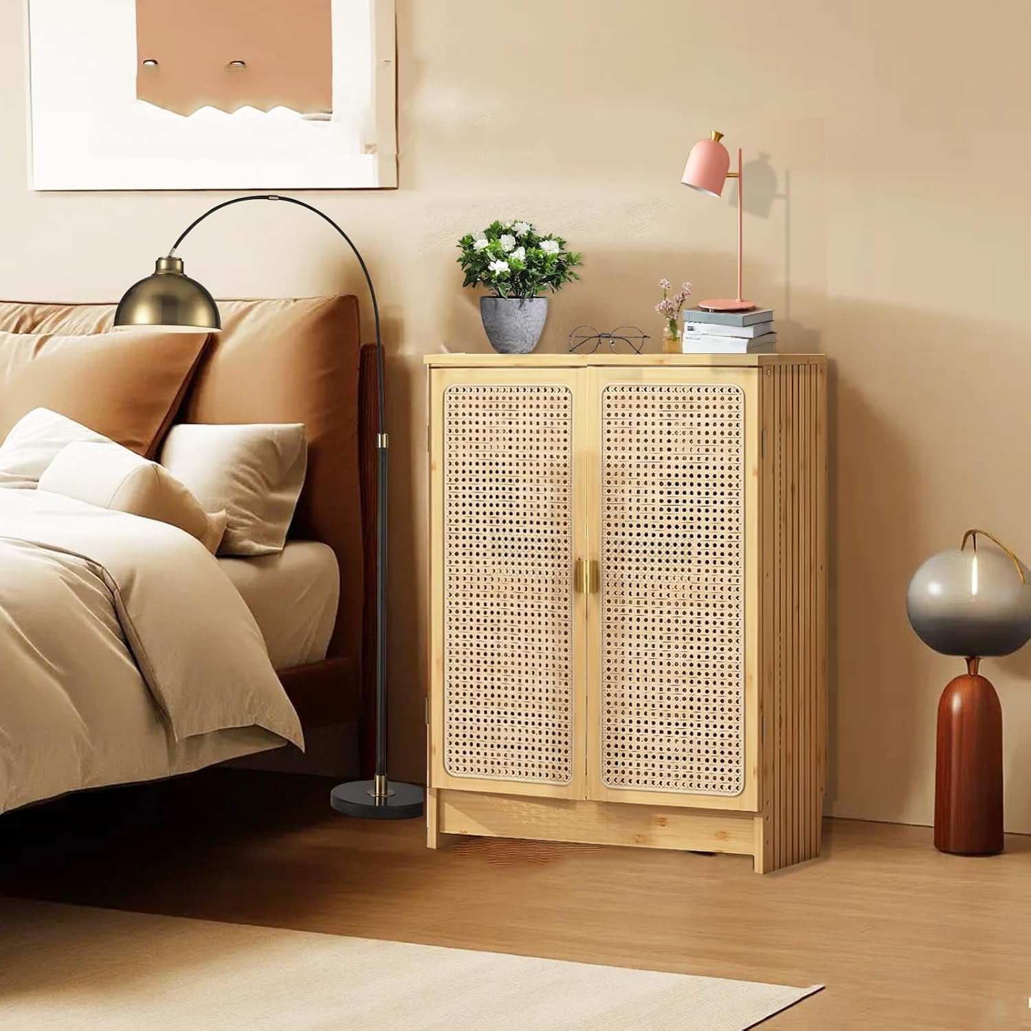 Rattan WiFi Router Storage Cabinet, Bamboo Accent Floor Storage Box ...