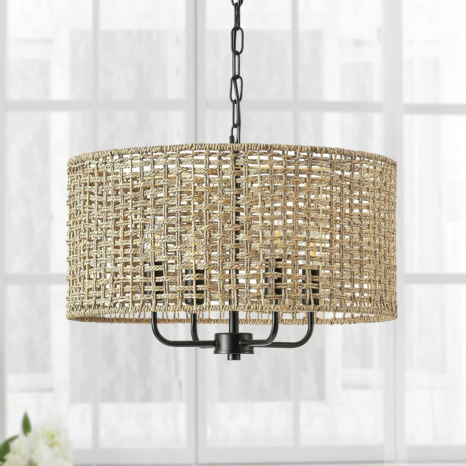 Rattan Wicker Drum Chandeliers for Dining Room, 4-Light Hand-Woven ...