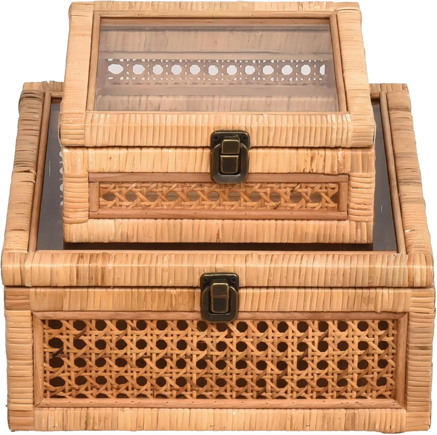 Rattan and Cane Square Stacking Boxes with Glass Top Lid - Set of 2 for ...