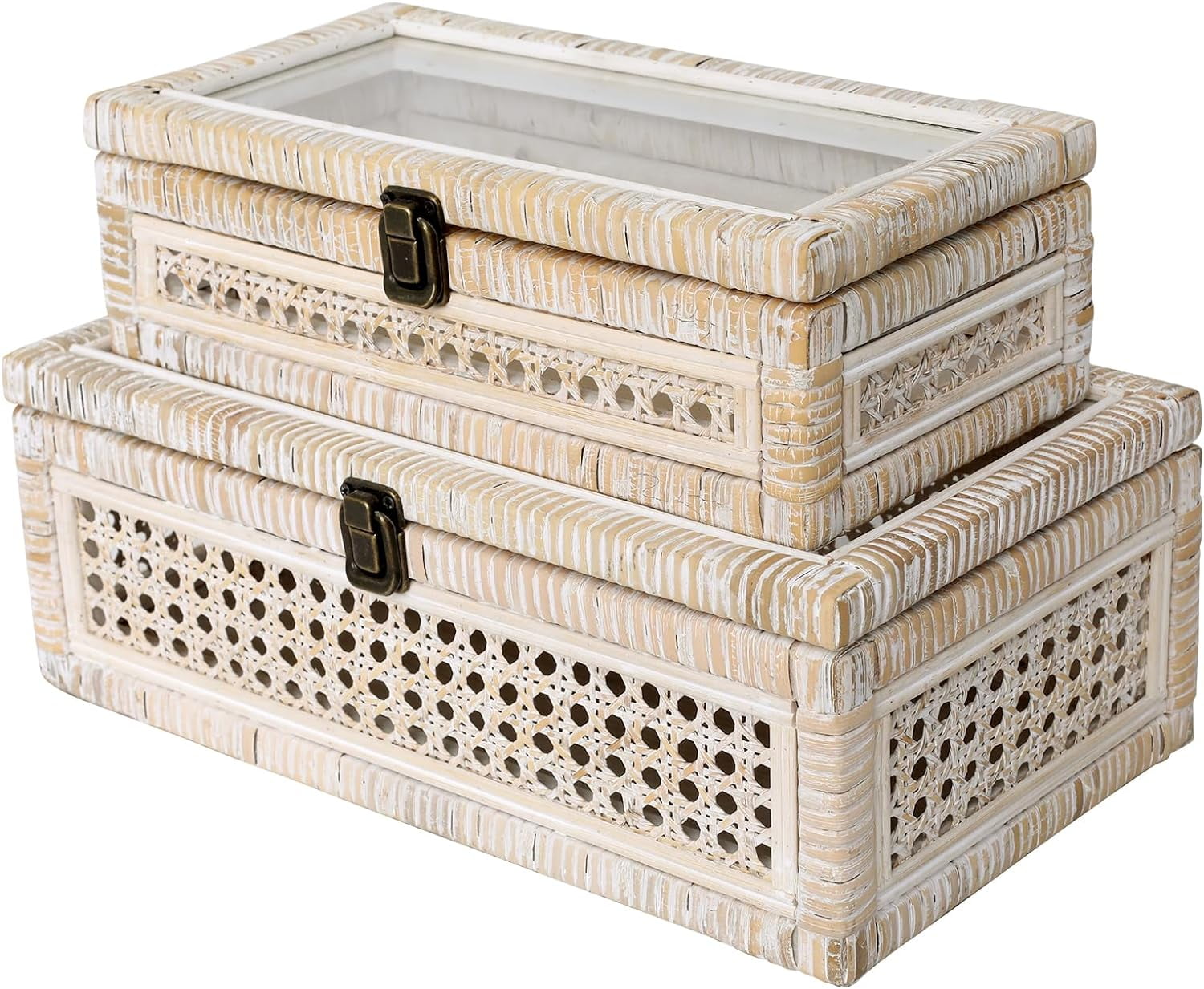 Rattan and Cane Stacking Boxes with Glass Top Lid - Set of 2 11.8" and ...