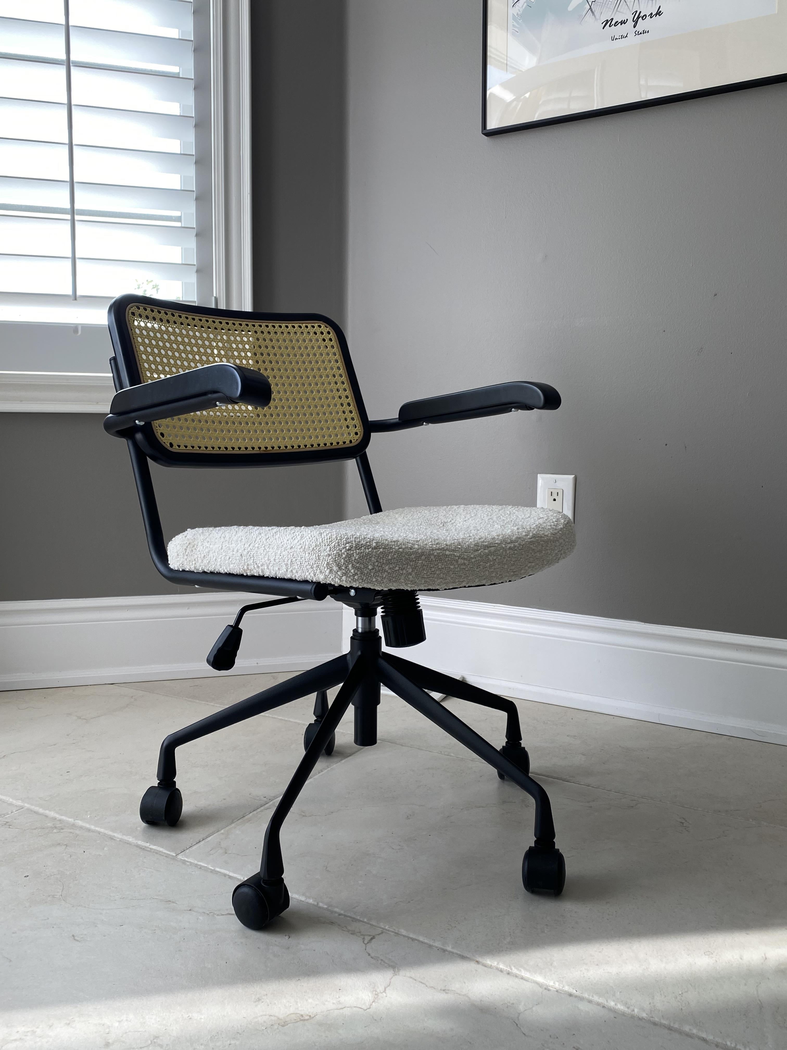 Rattan back Swivel Elton Arm Office Chair with Boucle White Fabric ...