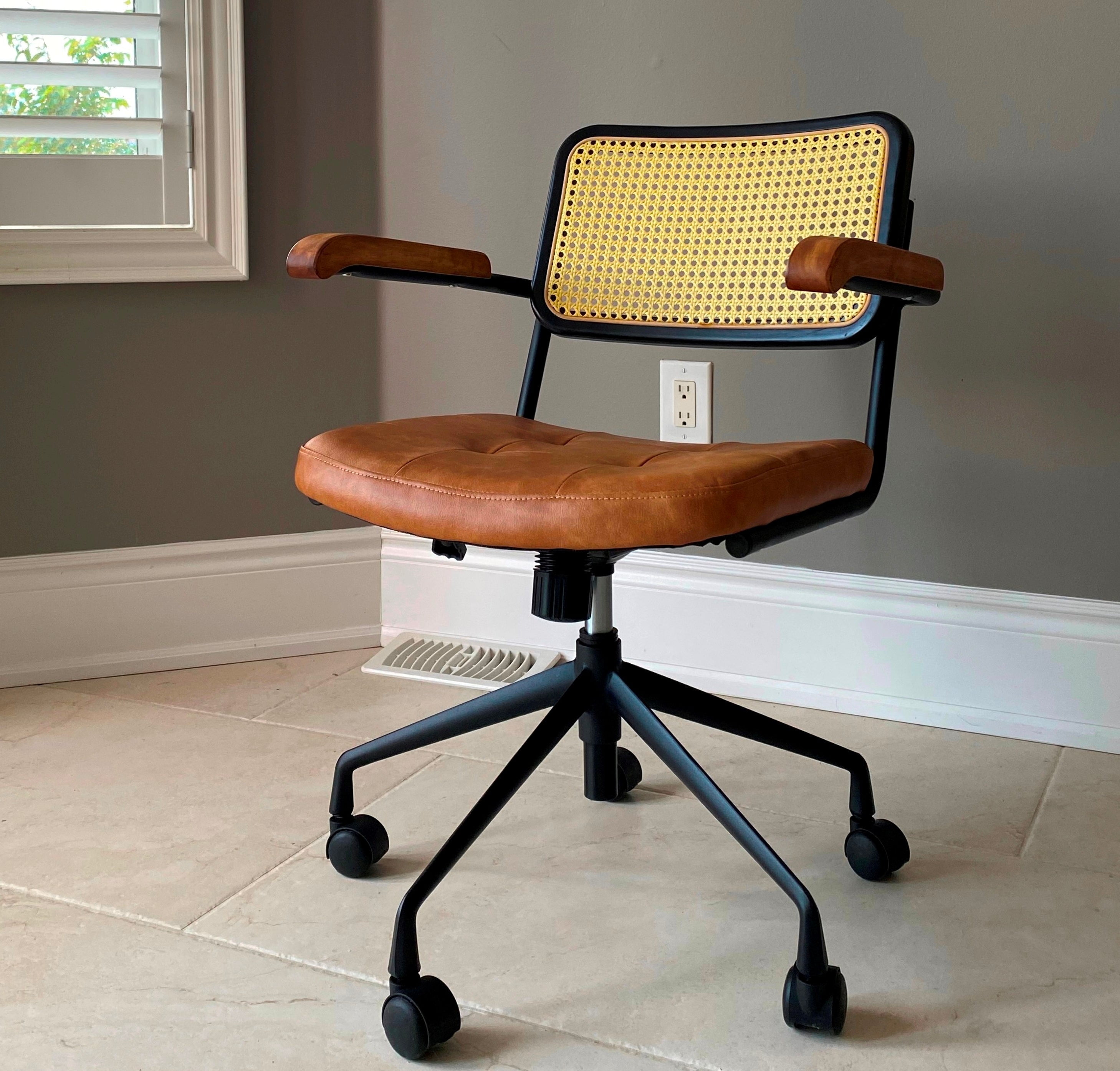 Rattan back Swivel Elton Arm Office Chair with Brown Distressed PU ...