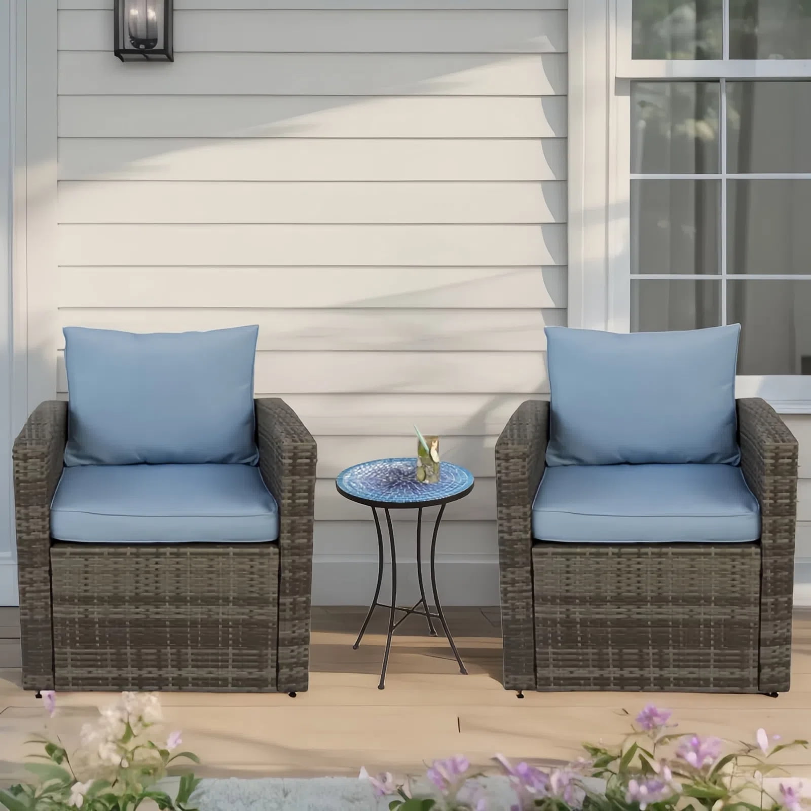 Rattania 2 Piece Light Gray Wicker Outdoor Chairs with Light Blue ...