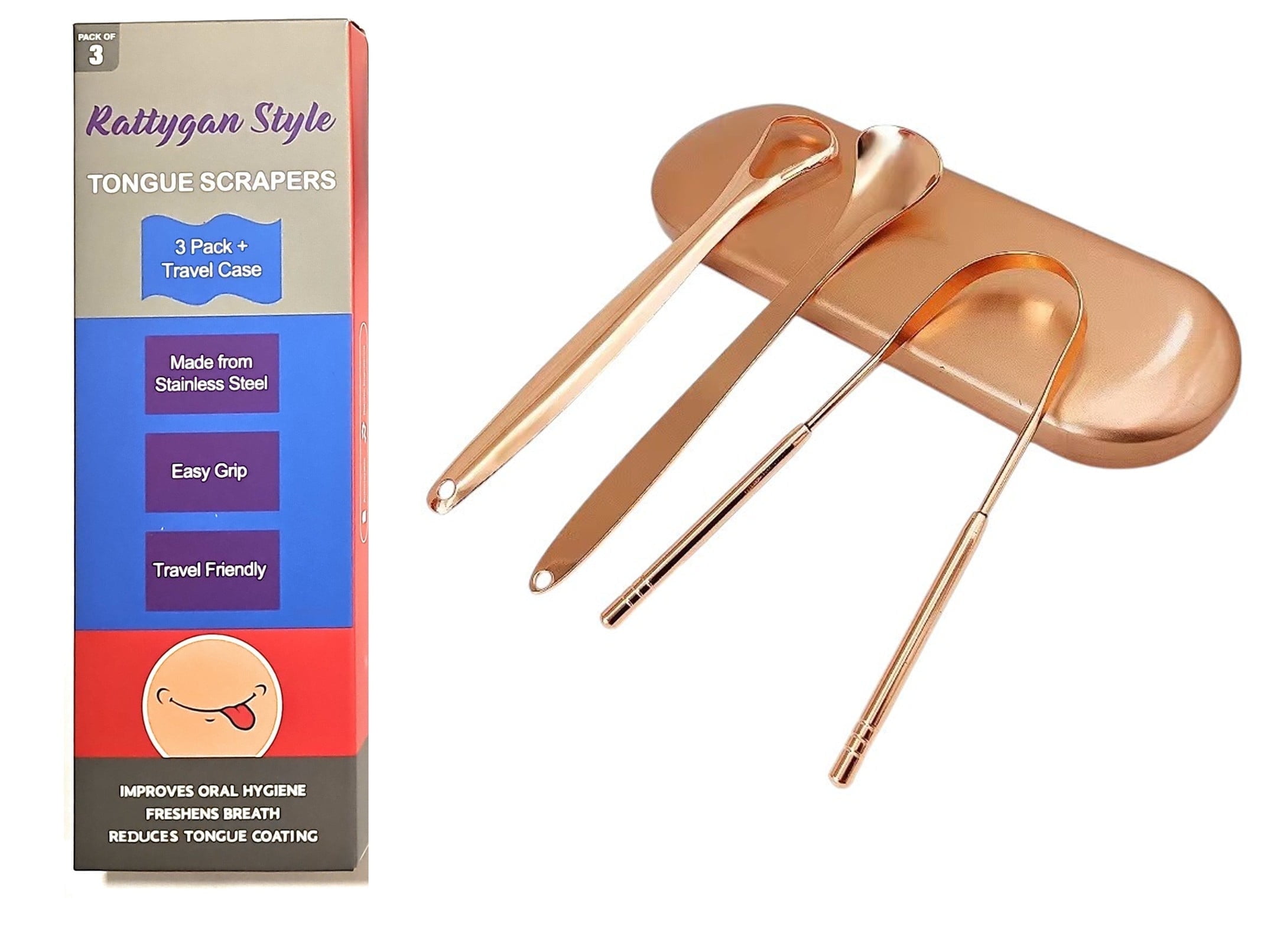 Rattygan Style Metal Tongue Scrapers, 3 Piece Set Stainless Steel Tongue Scrapers with Storage ...