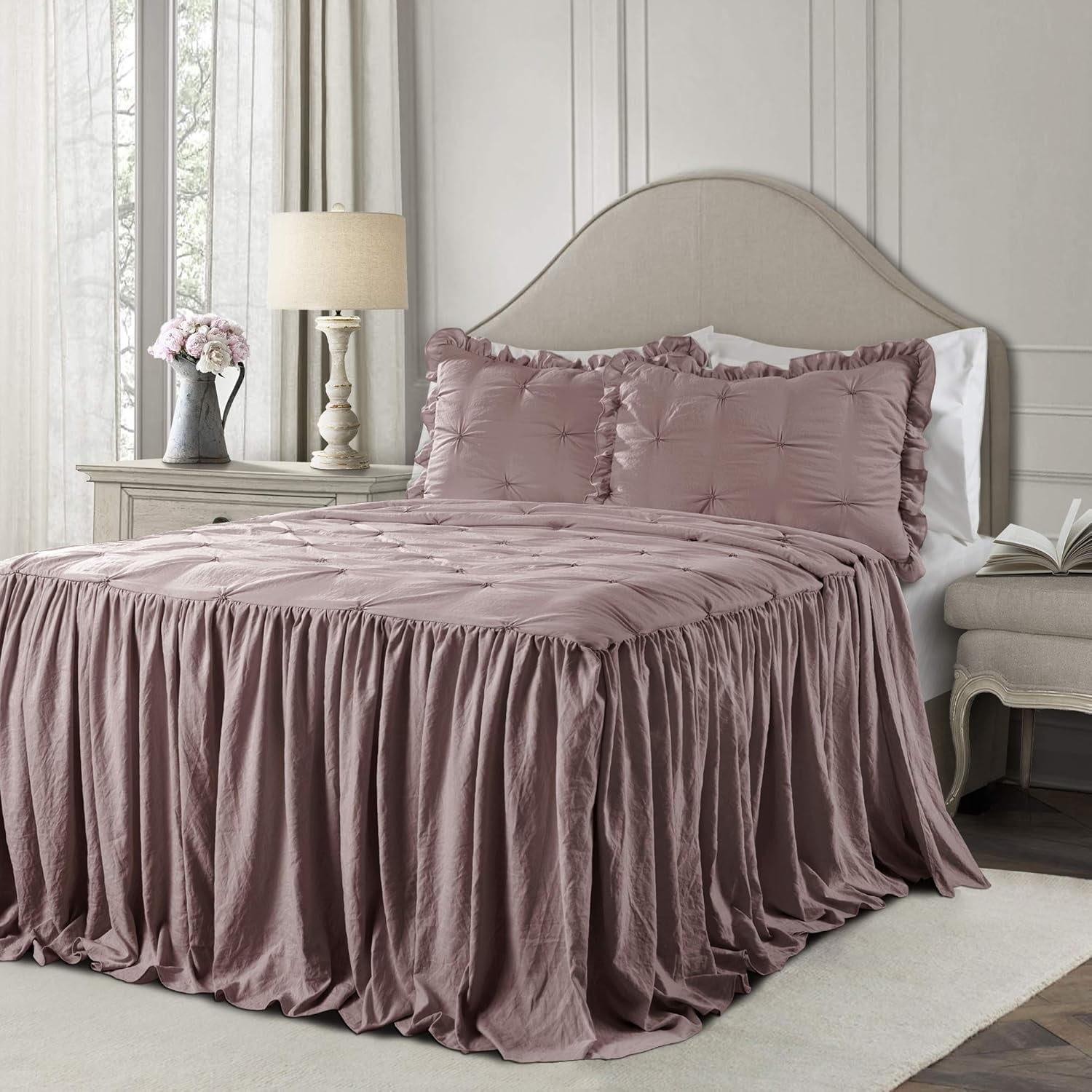 Ravello Pintuck Ruffle Skirt Bedspread Set - Luxe 3 Piece Ruffled ...