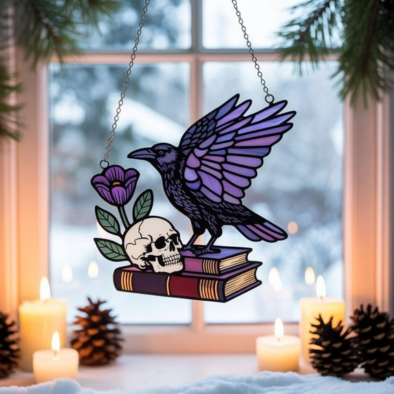 Raven Acrylic Suncatcher, Stained Glass Gothic Window Decor, Dark ...