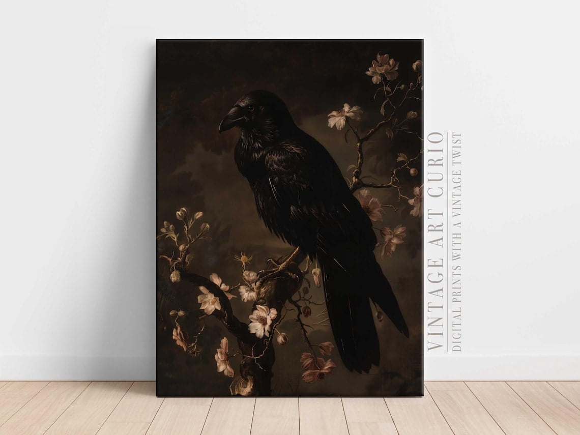 Raven And Cherry Blossom Gothic Print, Moody Victorian Wall Art Home ...