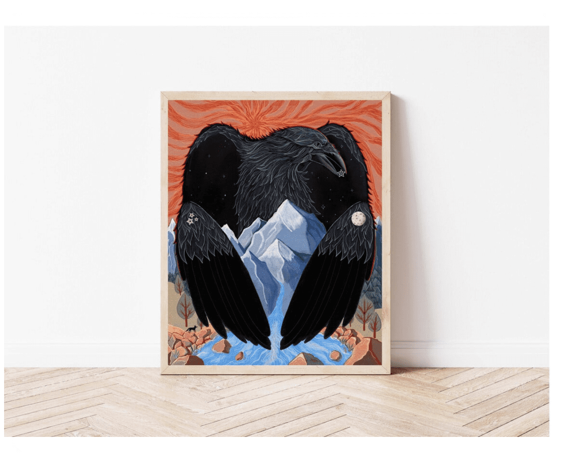 Raven And Mountain Range Folk Art Nature Print Bird And Forest ...