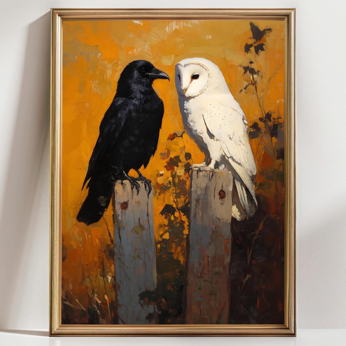 Raven And Owl Wall Art - Black And White Bird Painting, Duality Gothic ...