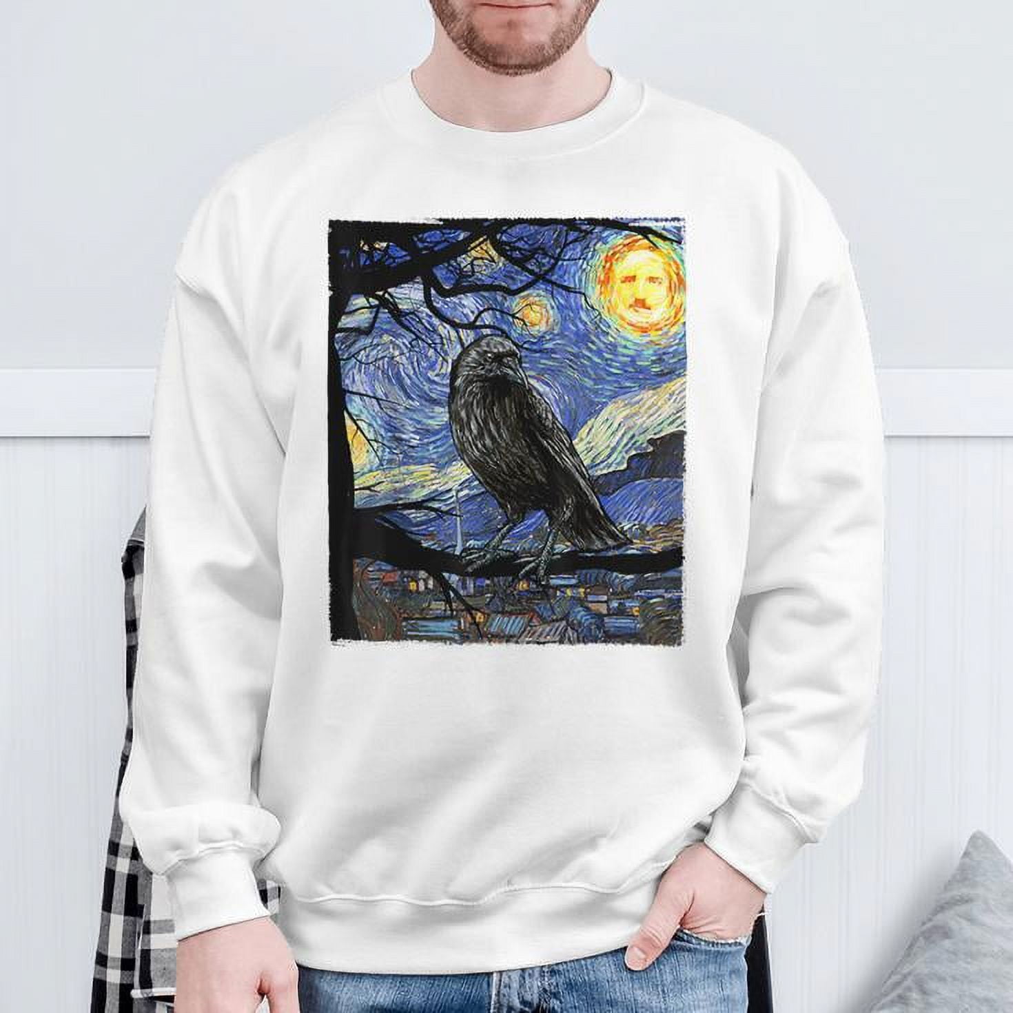 Raven Art Starry Night With Edgar Allan Poe Raven Poe Sweatshirt ...