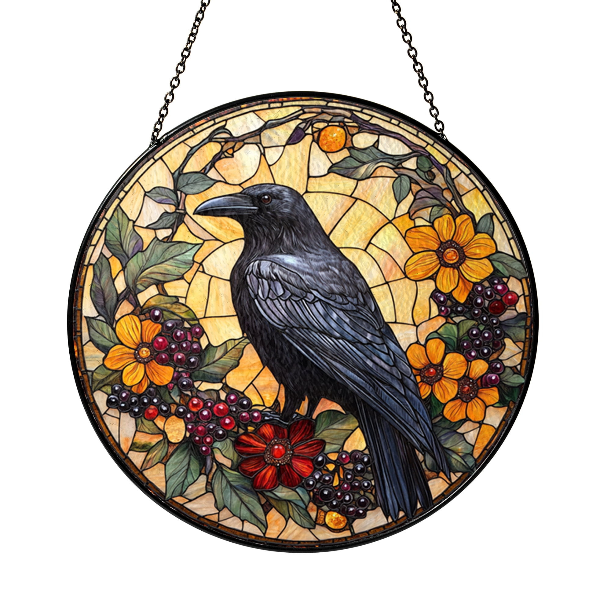 Raven Bird Forest Scene Stained Glass Style Window Suncatcher Hanging ...