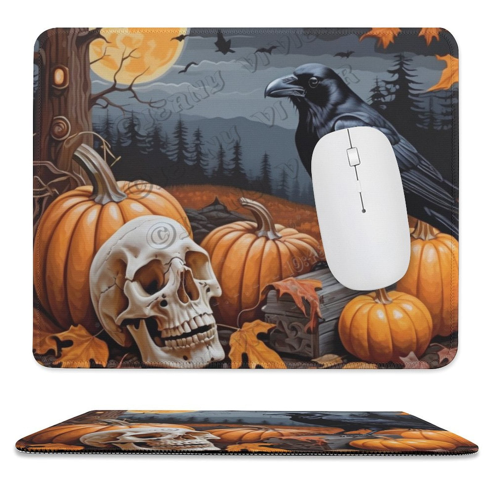 Raven Bird Pumpkin and Skeleton Printed Mouse Pad,Funny Mouse Pad with Stitched Edge Rubber Base ...