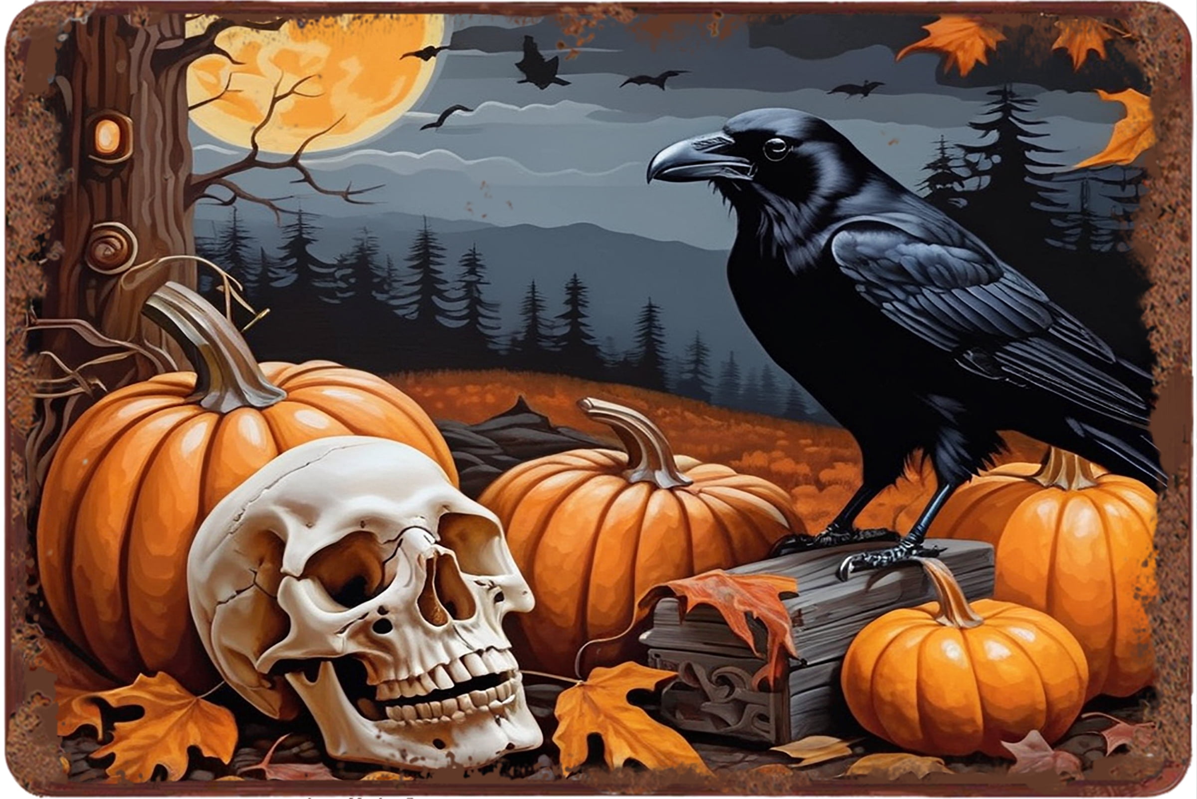 Raven Bird Pumpkin and Skull Vintage Aluminum Sign Happy Halloween All ...