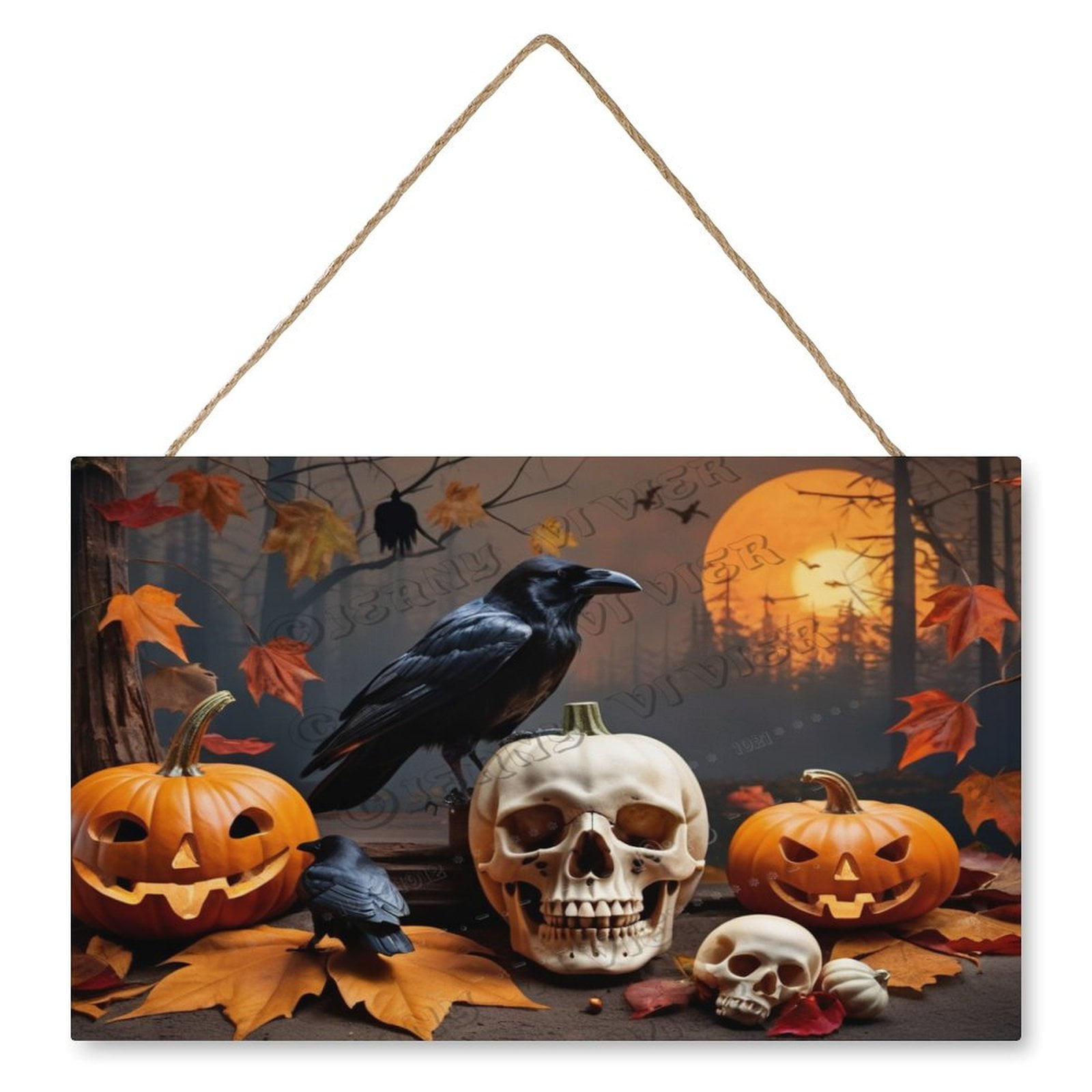 Raven Bird Pumpkin and Skull Wooden Hanging Sign Halloween Patty Decor ...