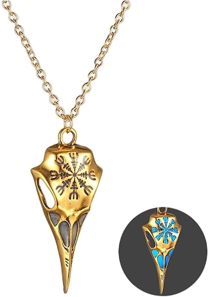 Raven Bird Skull NecklaceViking Compass Vegvísir with Luminous Blue ...