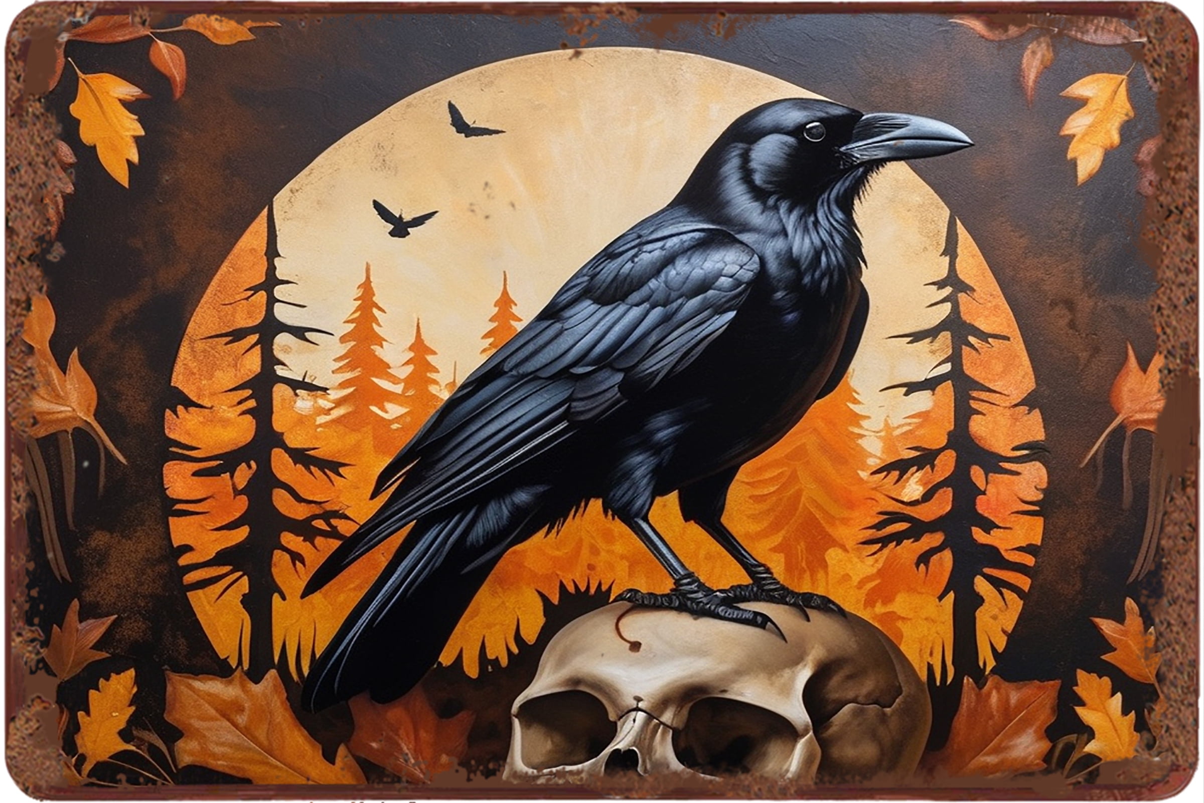 Raven Bird and Skull Vintage Aluminum Sign Happy Halloween Party Decor ...