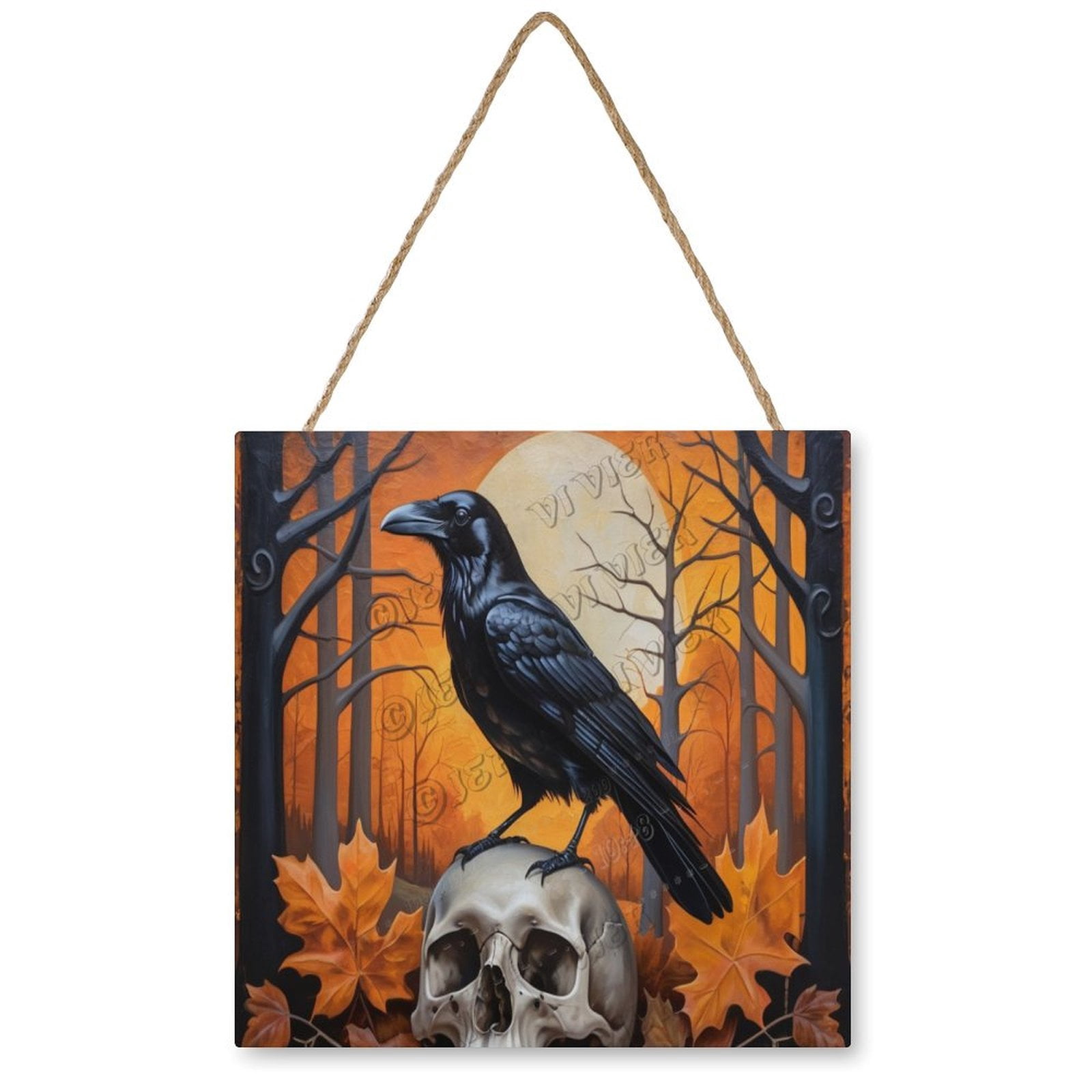 Raven Bird & Skull Wooden Hanging Sign Happy Halloween Patty Decor All ...