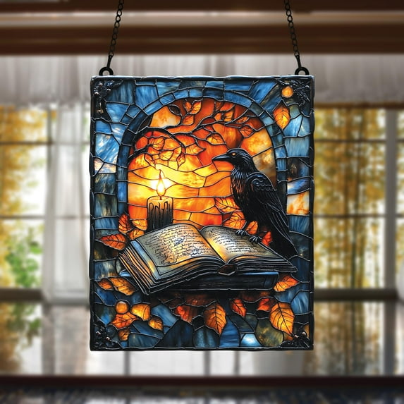 Raven & Book ACRYLIC Suncatcher - Faux Stained Glass Window Hanging ...