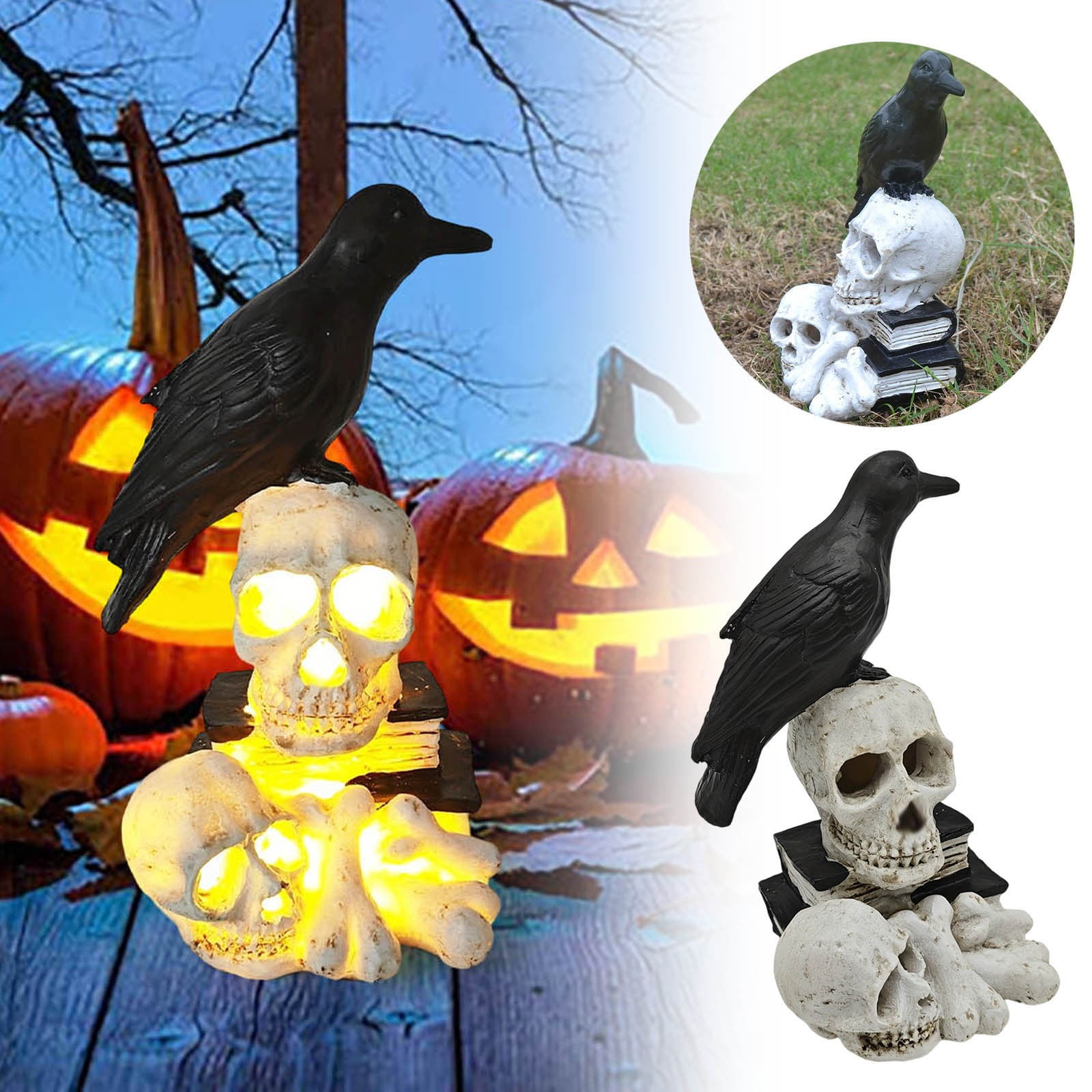 Raven on Books Halloween Decoration - Macabre Crow Perched on Skeleton ...