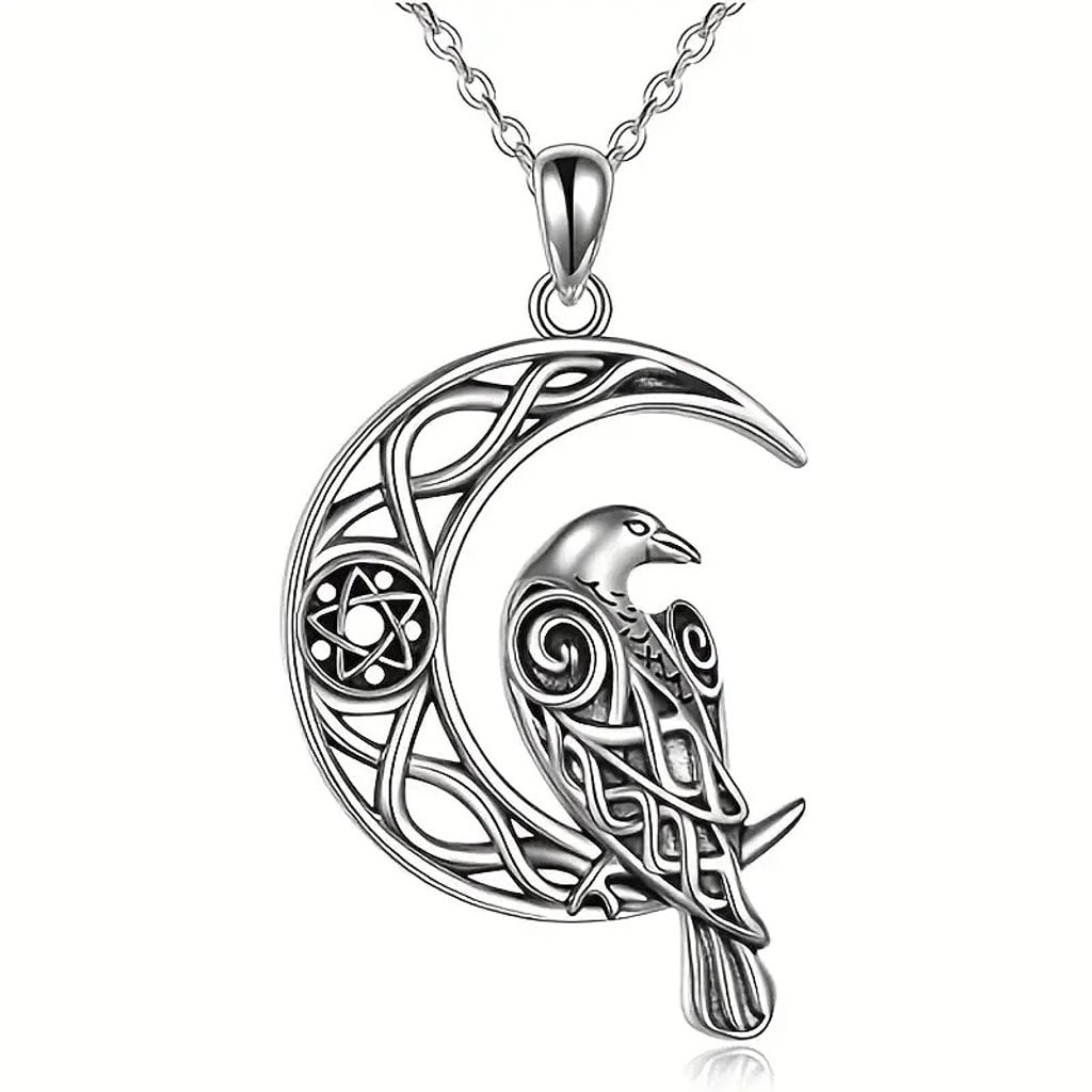 Raven Crescent Moon Necklace Silver Crow and Pentacle Pendant - Walmart.com