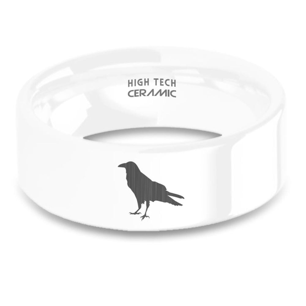 Raven Crow Corvid Laser Engraved Polished White Ceramic Band, 8mm, Size ...
