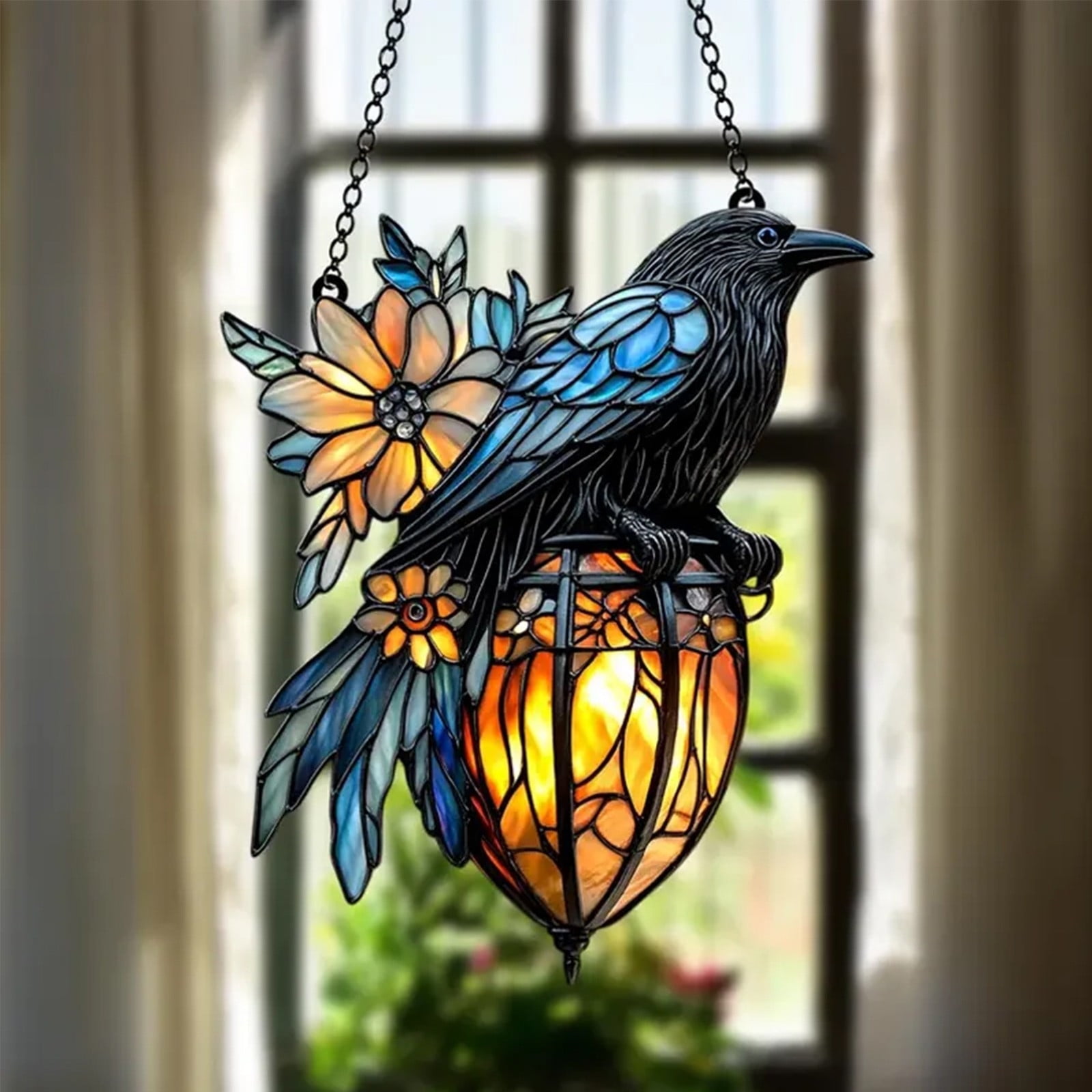 Raven Gothic on Lantern 4D Acrylic Suncatcher, Stained Glass Effect ...