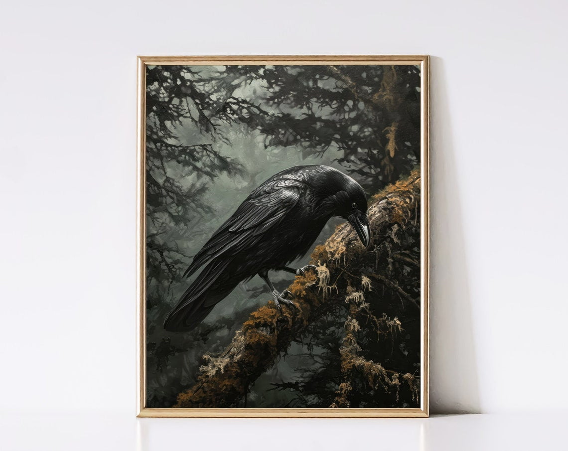Raven In Moody Forest Landscape Oil Painting Wall Art Dark Academia ...