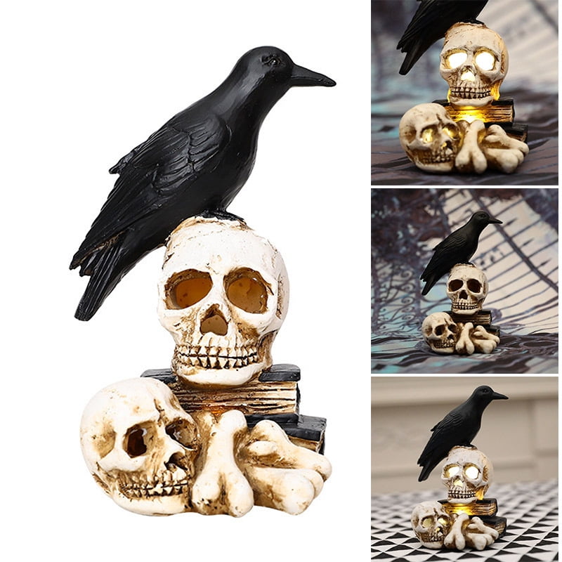 Raven On Skull Halloween Decoration Glowing Resin Skeleton Statue ...