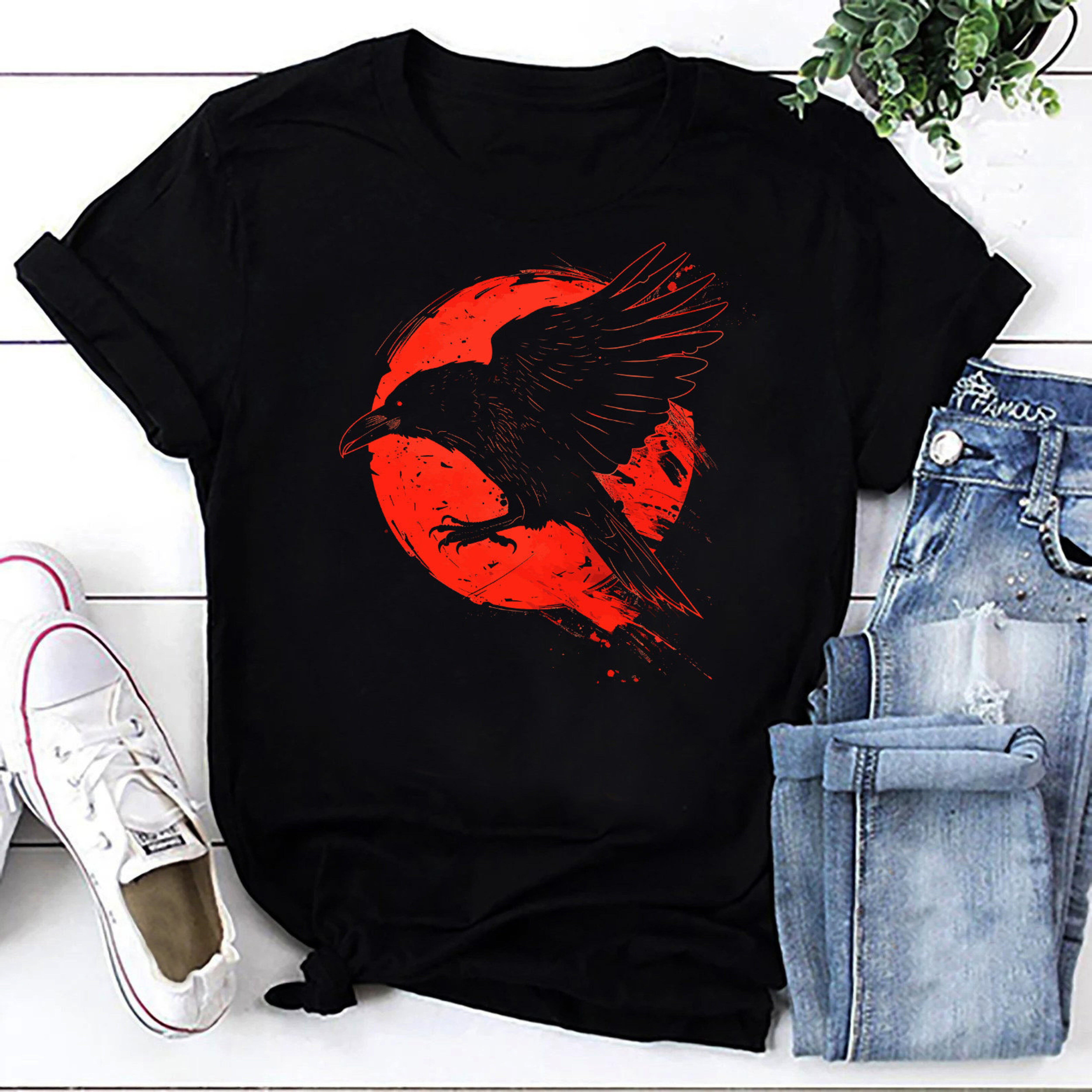 Raven Shirt, Norse Mythology Crow T Shirt, Bold Red Sun Symbol, Crow ...