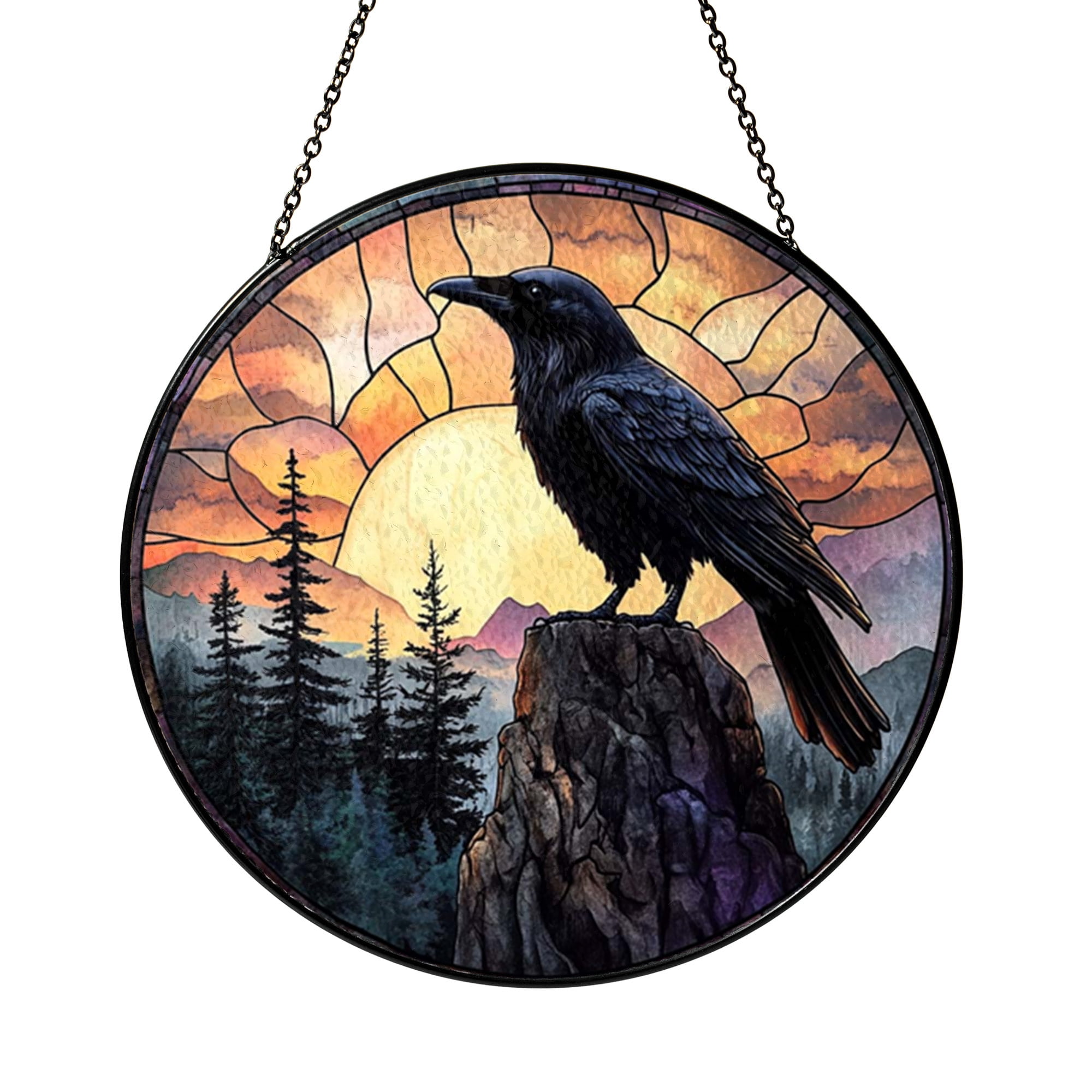 Raven Silhouette Stained Glass Suncatcher – Forest Window Hanging Art ...