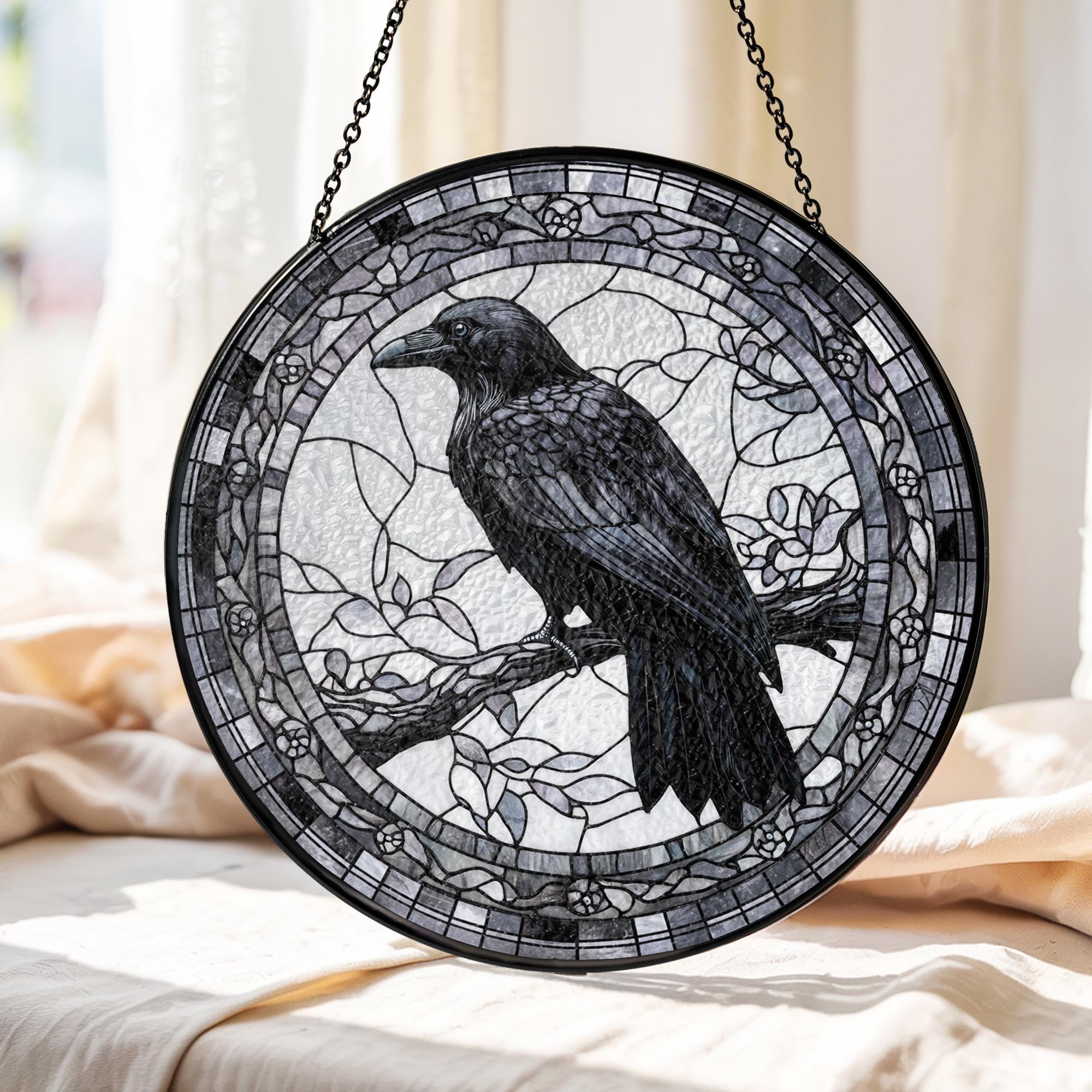 Raven Stained Glass Suncatcher, Black Raven Suncatcher, Halloween Raven ...
