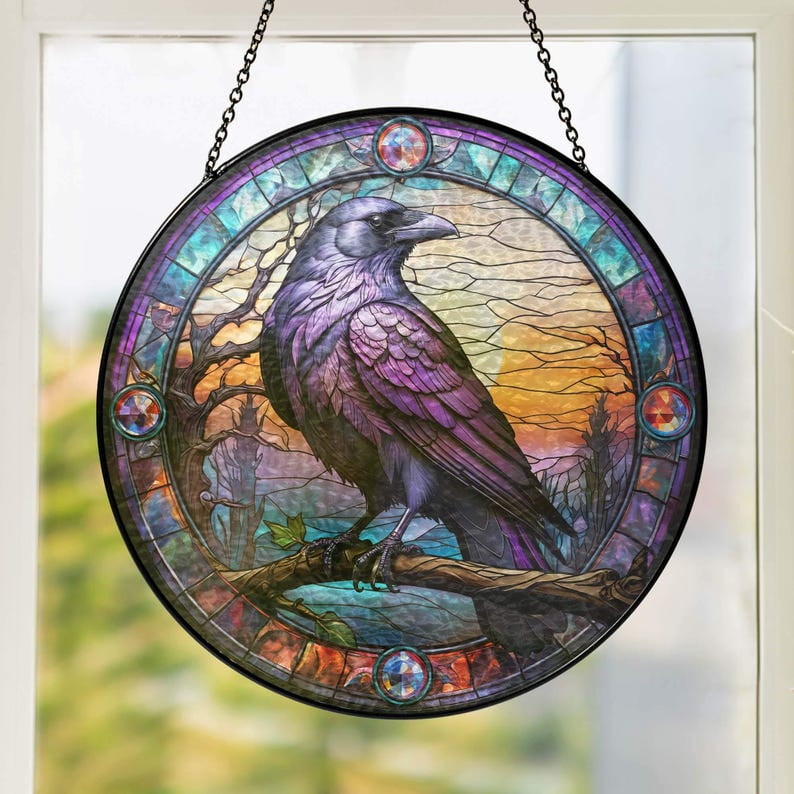 Raven Stained Glass Suncatcher, Gothic Crow Window Hanging, Gothic Crow ...
