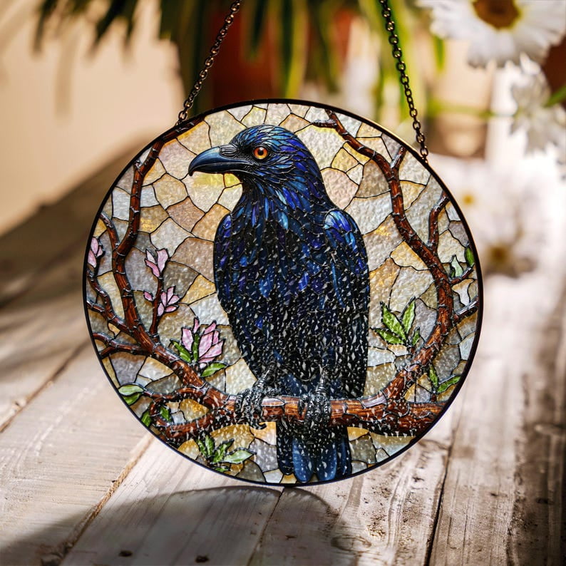 Raven Stained Glass Suncatcher Gothic Window Decor Gift for Bird Lovers ...