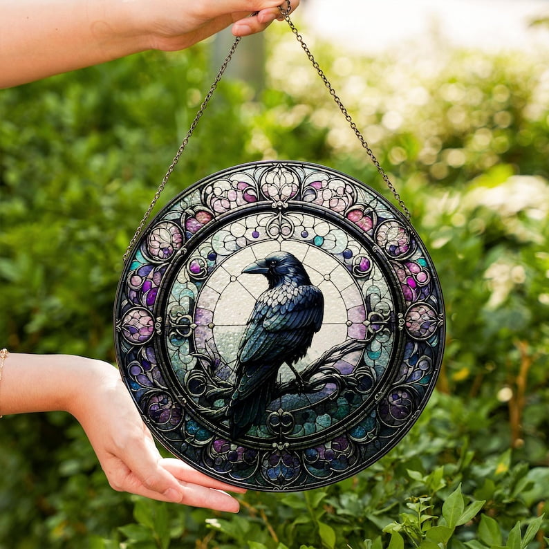 Raven Stained Glass Suncatcher, Gothic Window Hanging, Mystical Crow ...