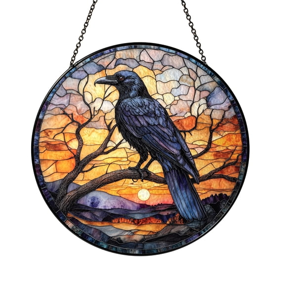 Raven Stained Glass Suncatcher Round Window Hanging, Dark Fantasy Bird ...