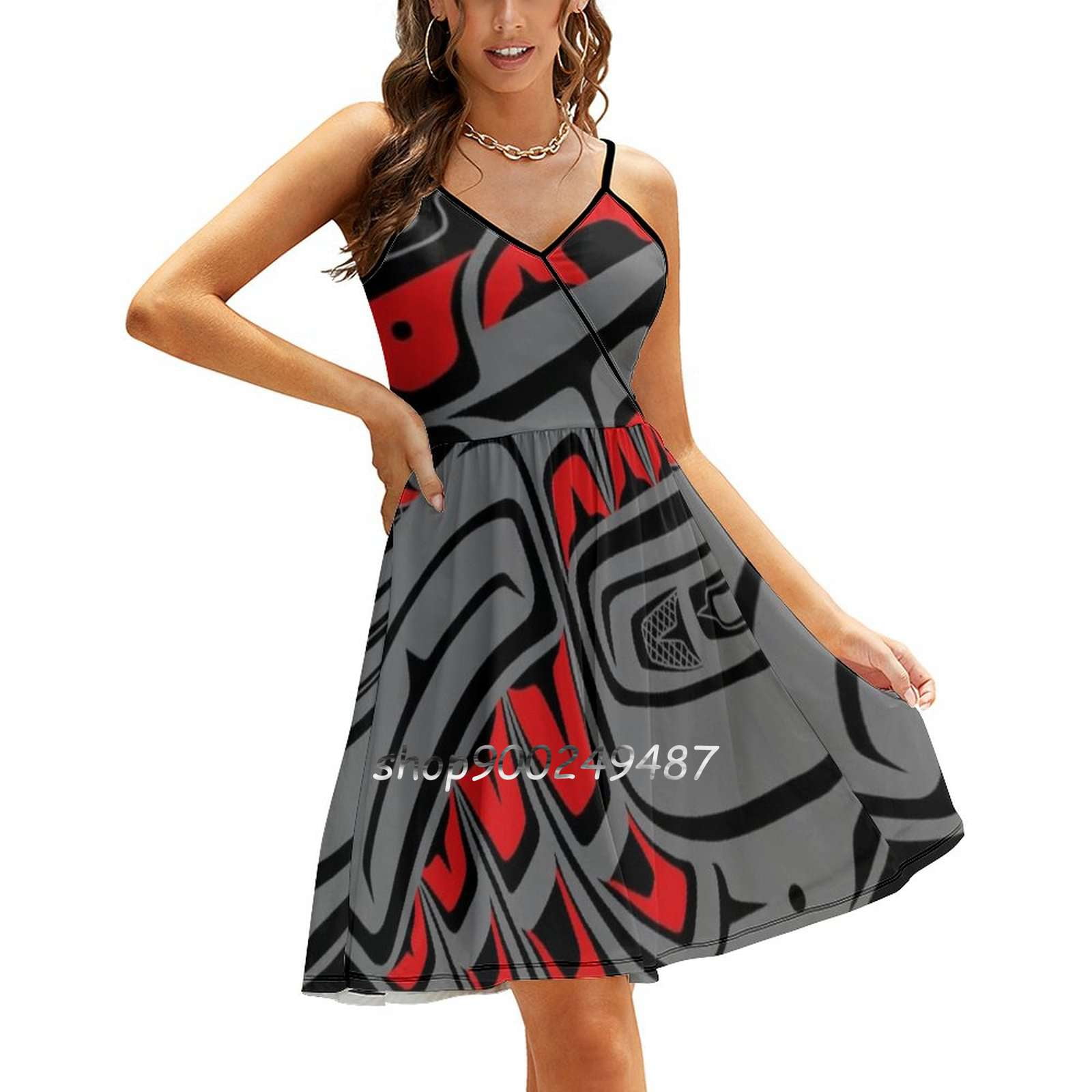 Raven Steals The Sun Tlingit Style In Gray Square Neck Dress New Plus ...