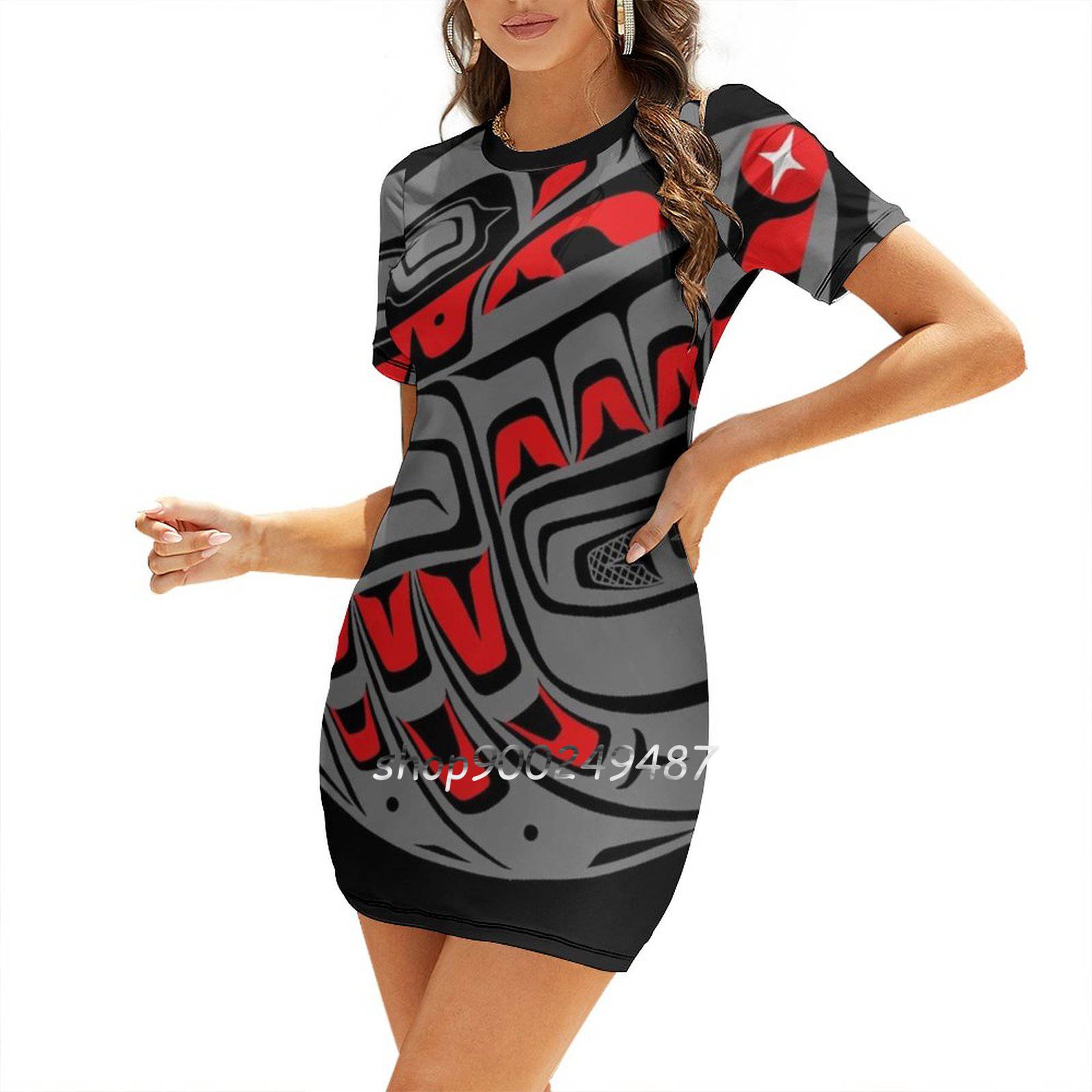 Raven Steals The Sun Tlingit Style In Gray Square Neck Dress New Plus ...