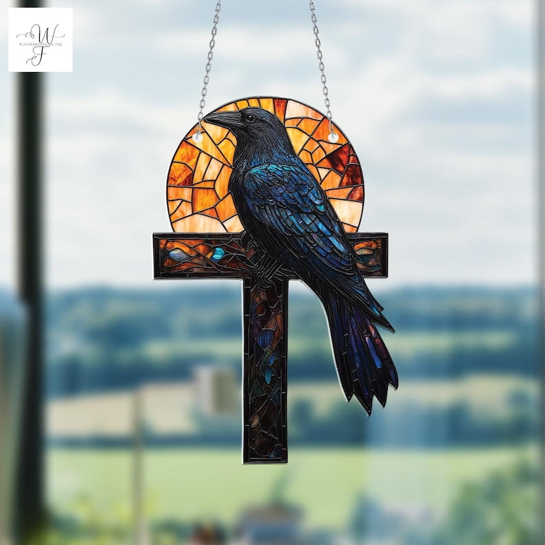 Raven and Ankh Acrylic Window Hanging, Gothic Suncatcher, Crow Sun ...