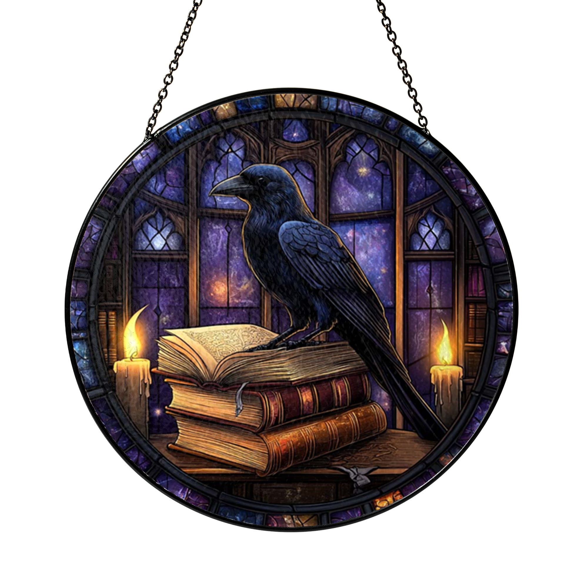 Raven and Books Window Hanging, Stained Glass Style Literary Gothic ...
