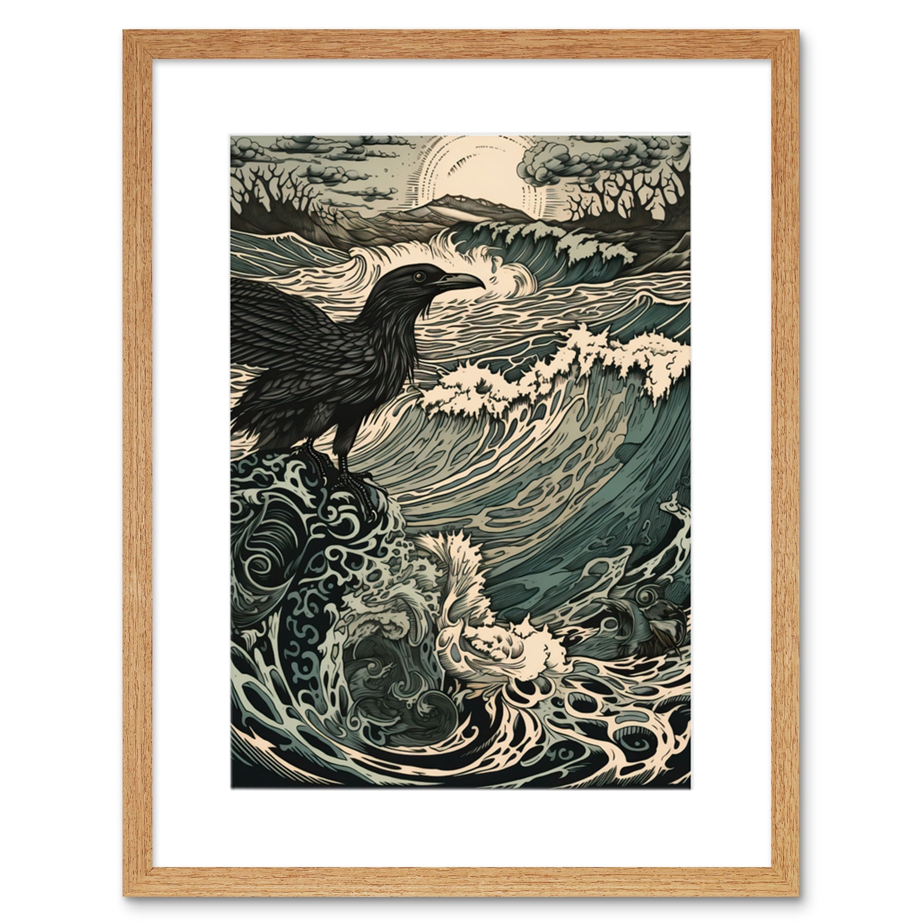 Raven and Crashing Waves Coastal Sunrise Landscape Artwork Framed Wall ...