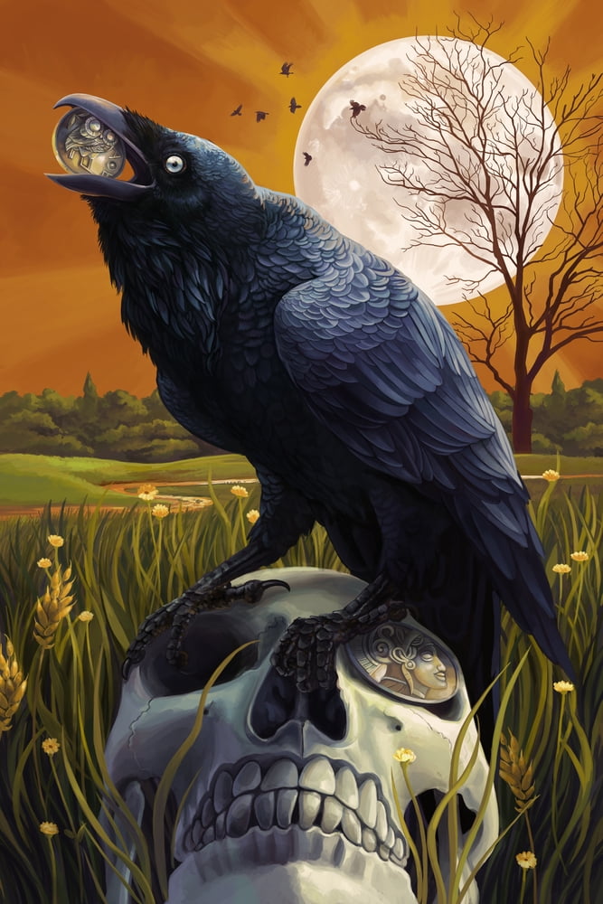 Raven and Skull (24x36 Giclee Gallery Art Print, Vivid Textured Wall ...