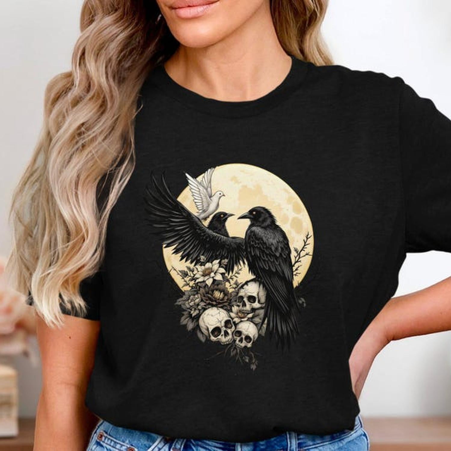Raven and Skull Gothic T-S1Hirt, Dark Aesthetic Crow Moon T1EE, Occult ...