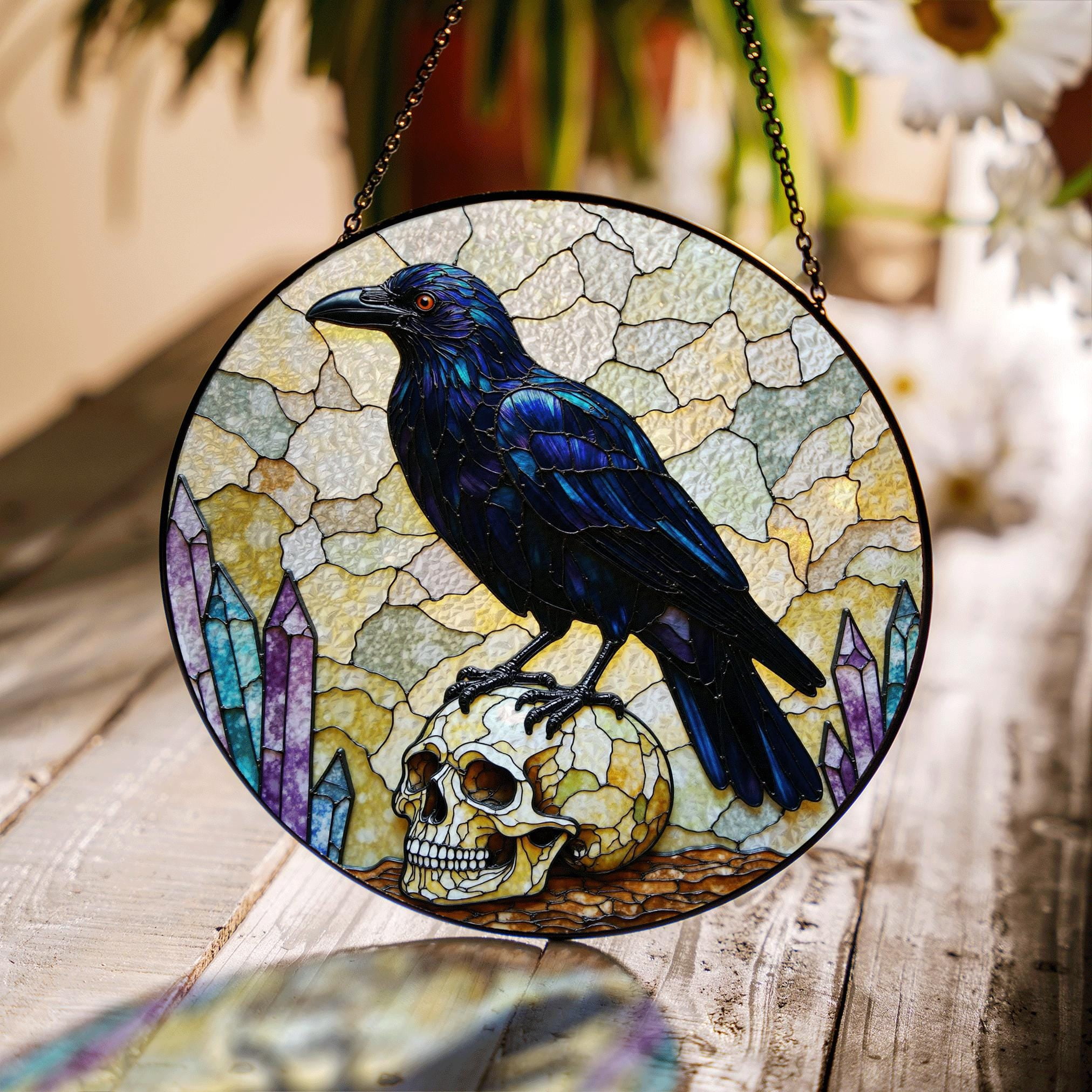 Raven on Skull Crystal Stained Glass Suncatcher Gothic Window Decor ...