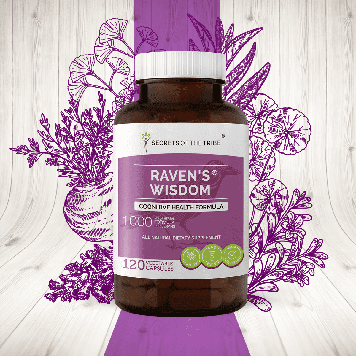 Raven's Wisdom 120 Capsules, 500 mg, Ginkgo, Gotu Kola, Sage, Rhodiola ...